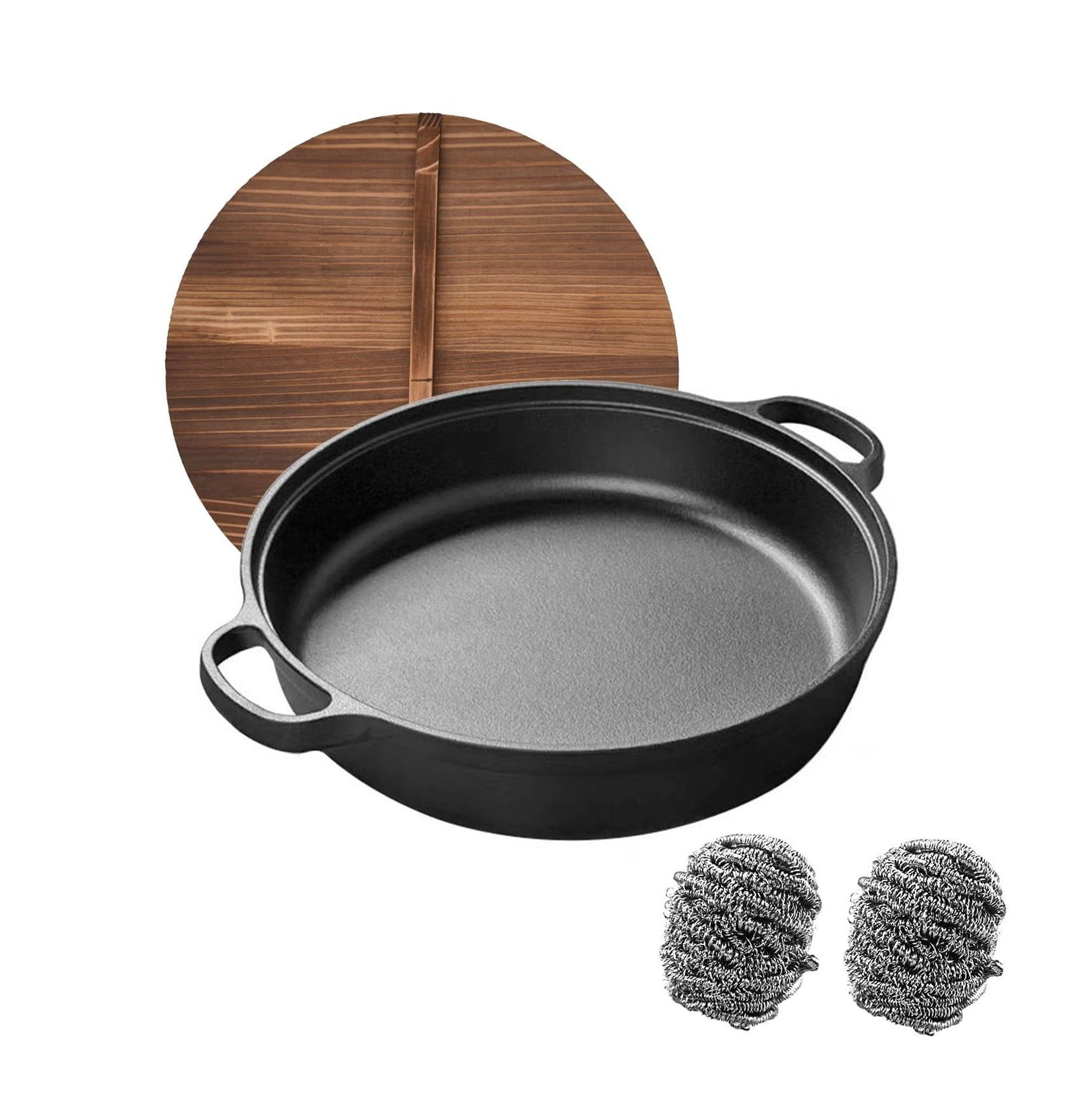 11"Cast Iron Wok with Dual Handles and Wooden Lid, Uncoated Frying Pan ...