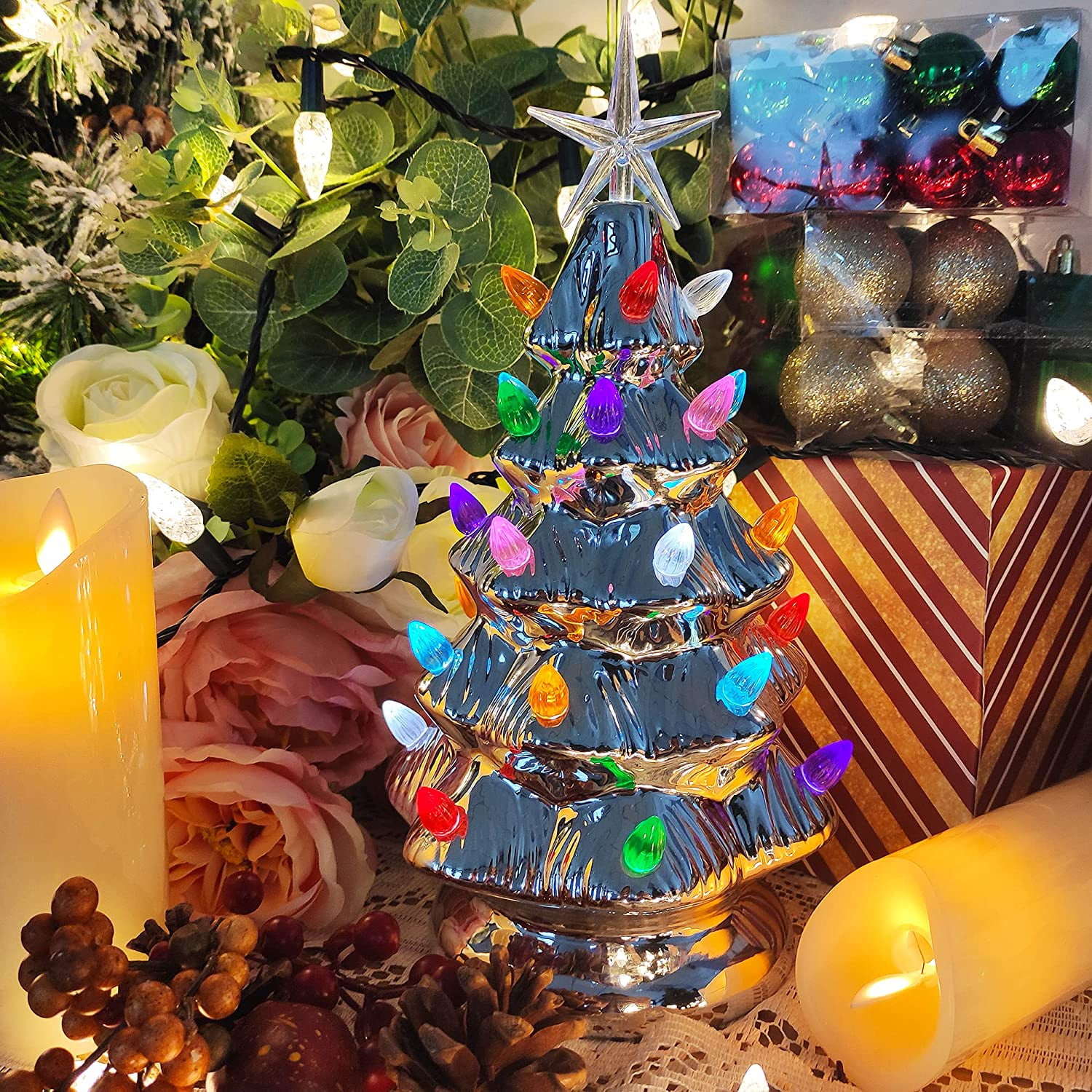 11" Ceramic Christmas Tree Tabletop Christmas Tree Lights with 28 ...