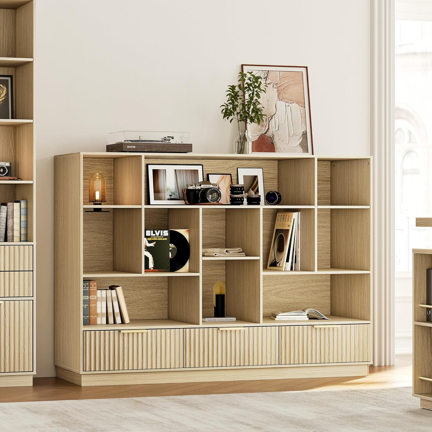 11 Cube Storage Organizer Bookcase, Wide Fluted Bookcase with 3 Drawers ...