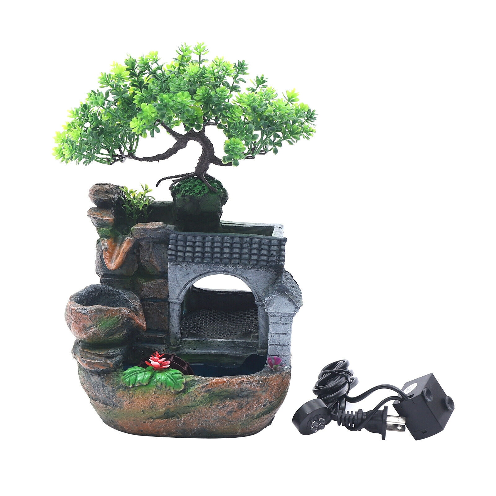 11" Desktop Fountain Rock Waterfall Humidifier with Artificial Tree ...