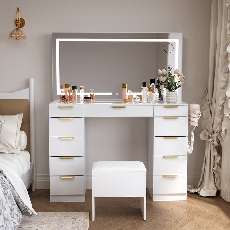 Pamapic 11-Drawers Makeup Vanity with Lighted Mirror, Dressing Stool ...
