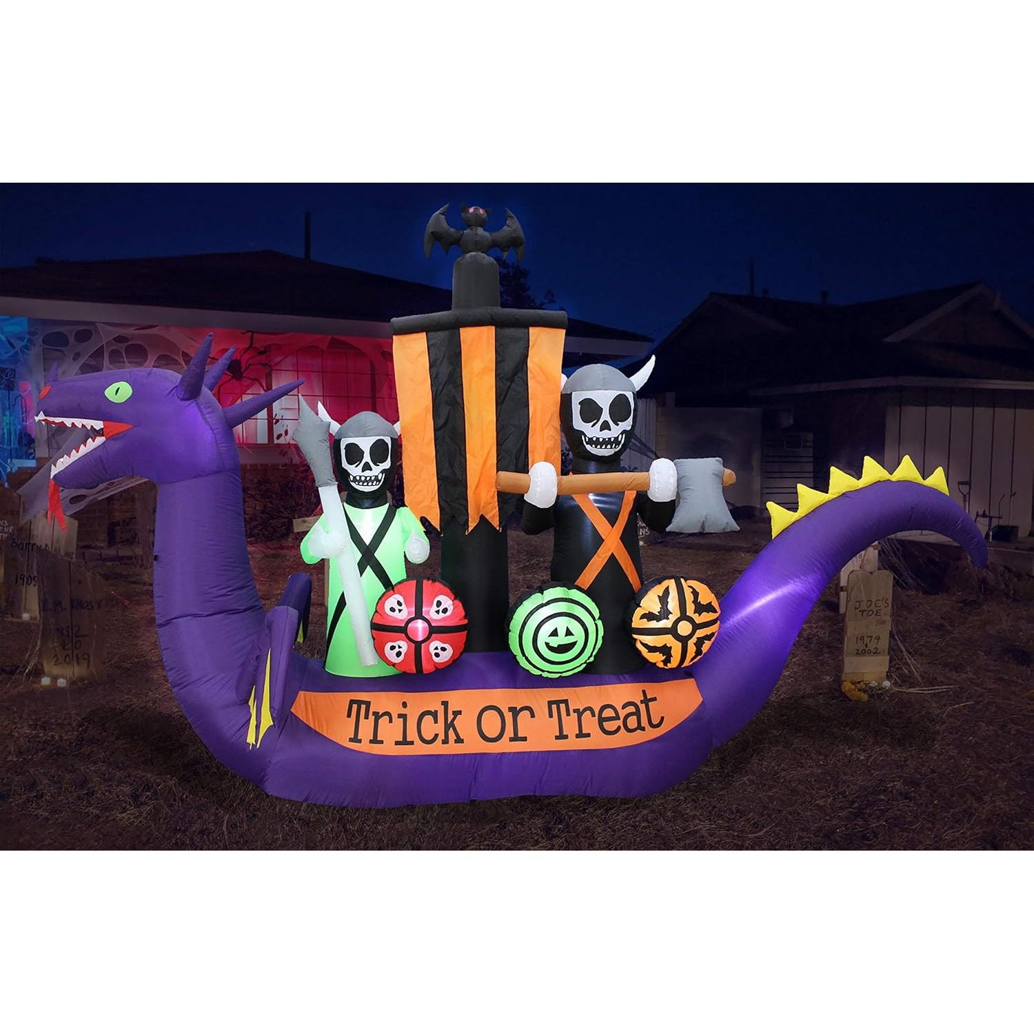 11 Foot Long Halloween Inflatable Dragon Pirate Ship Skeletons Scene Bat Ghosts Lights Lighted ...