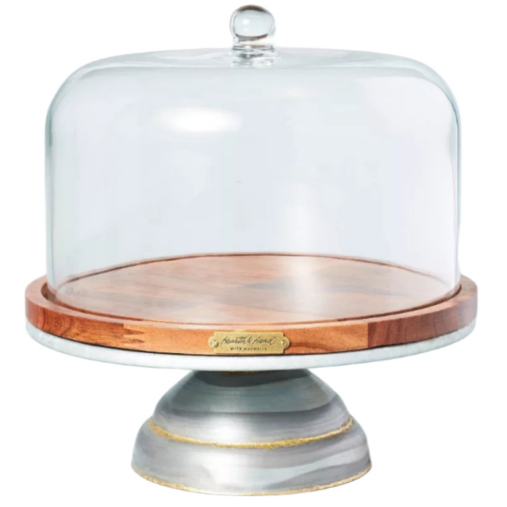 11" Galvanized Metal & Wood Cake Stand with Glass Cloche - Hearth ...