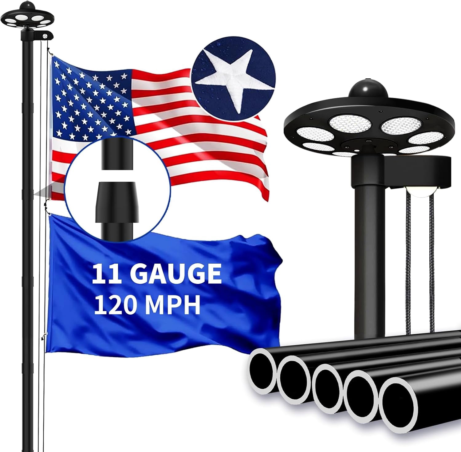 11 Gauge Pole Kit with Solar Light,20FT Flagpoles for Outside House in ...