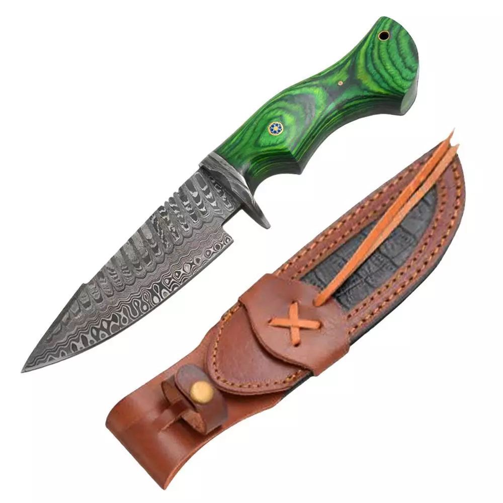 11" Genuine Damascus Steel Fixed Blade Hunting Knife Green Wood Handle ...