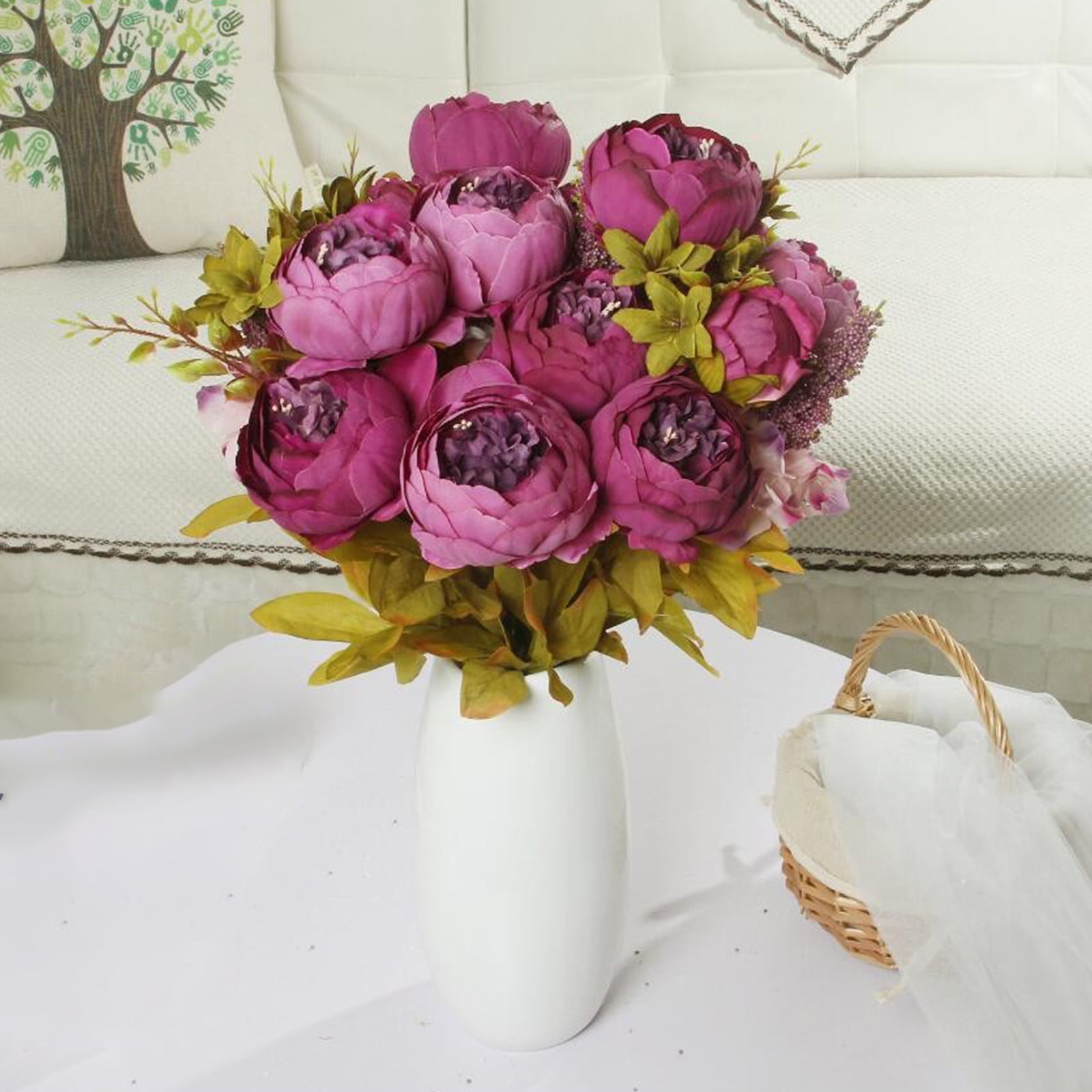 11" H Artificial Silk Open Rose Pot Faux Water Glass Pot Vase Floral ...