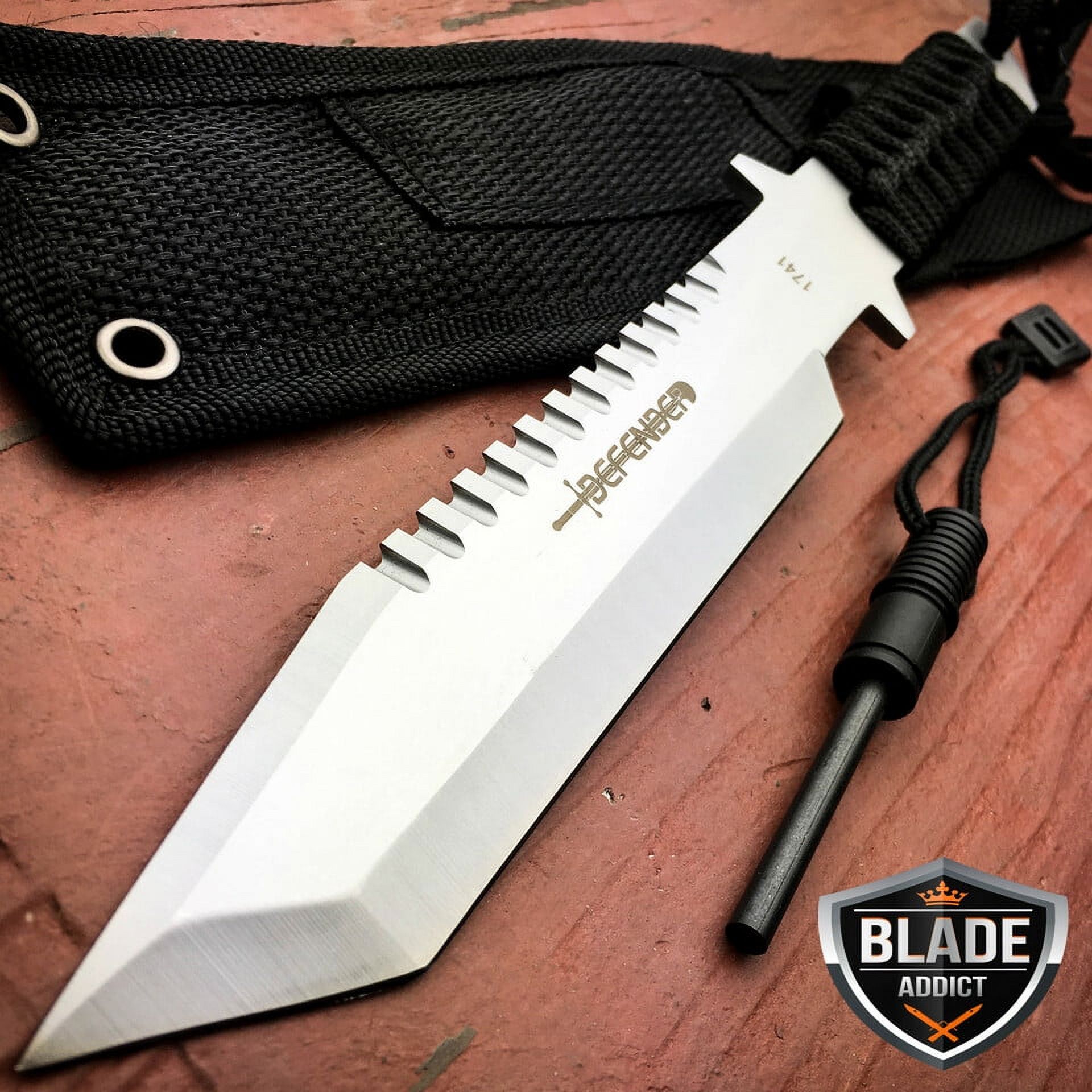11" Hunting Silver Fixed Blade Camping Survival Knife w/ Firestarter ...