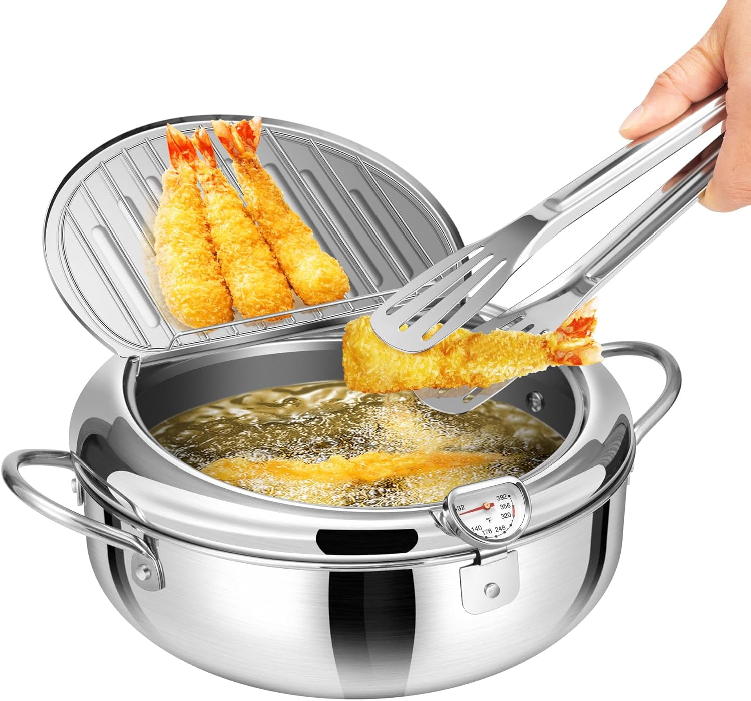 11 Inch 4.2 L 304 Stainless Steel Deep Fryer Pot with Tong, Tempura ...