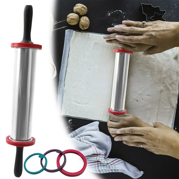 11 Inch Adjustable Stainless Steel Rolling Pin with 3 Thickness Rings ...