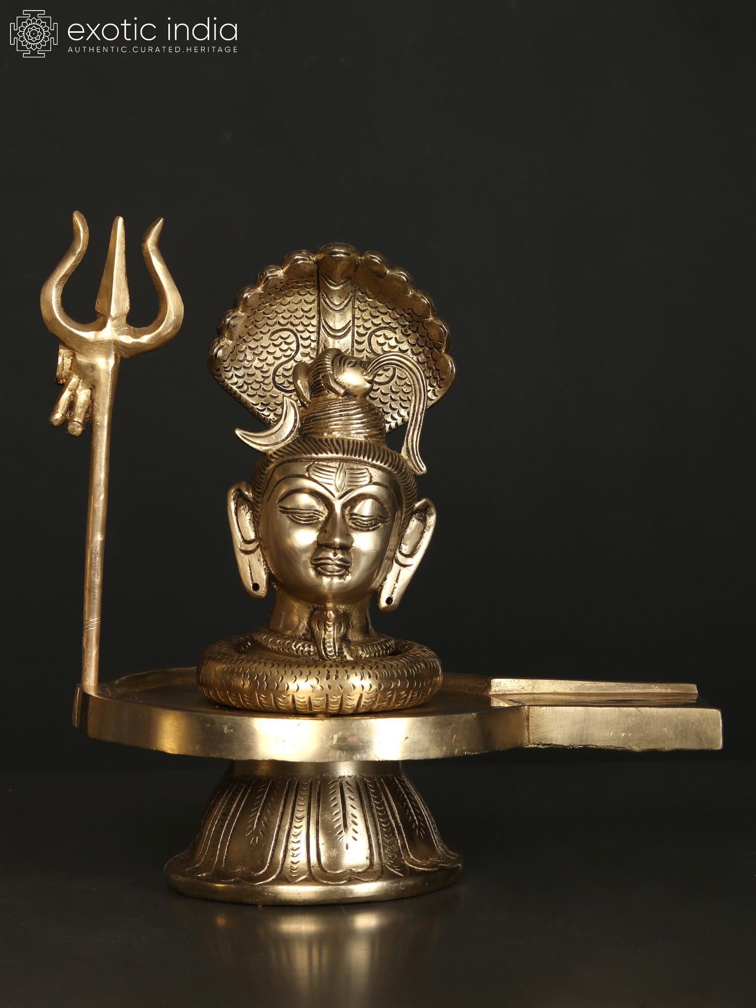 11 Inch Brass Shiva Head Shivalinga with Vasuki Naag and Trident ...