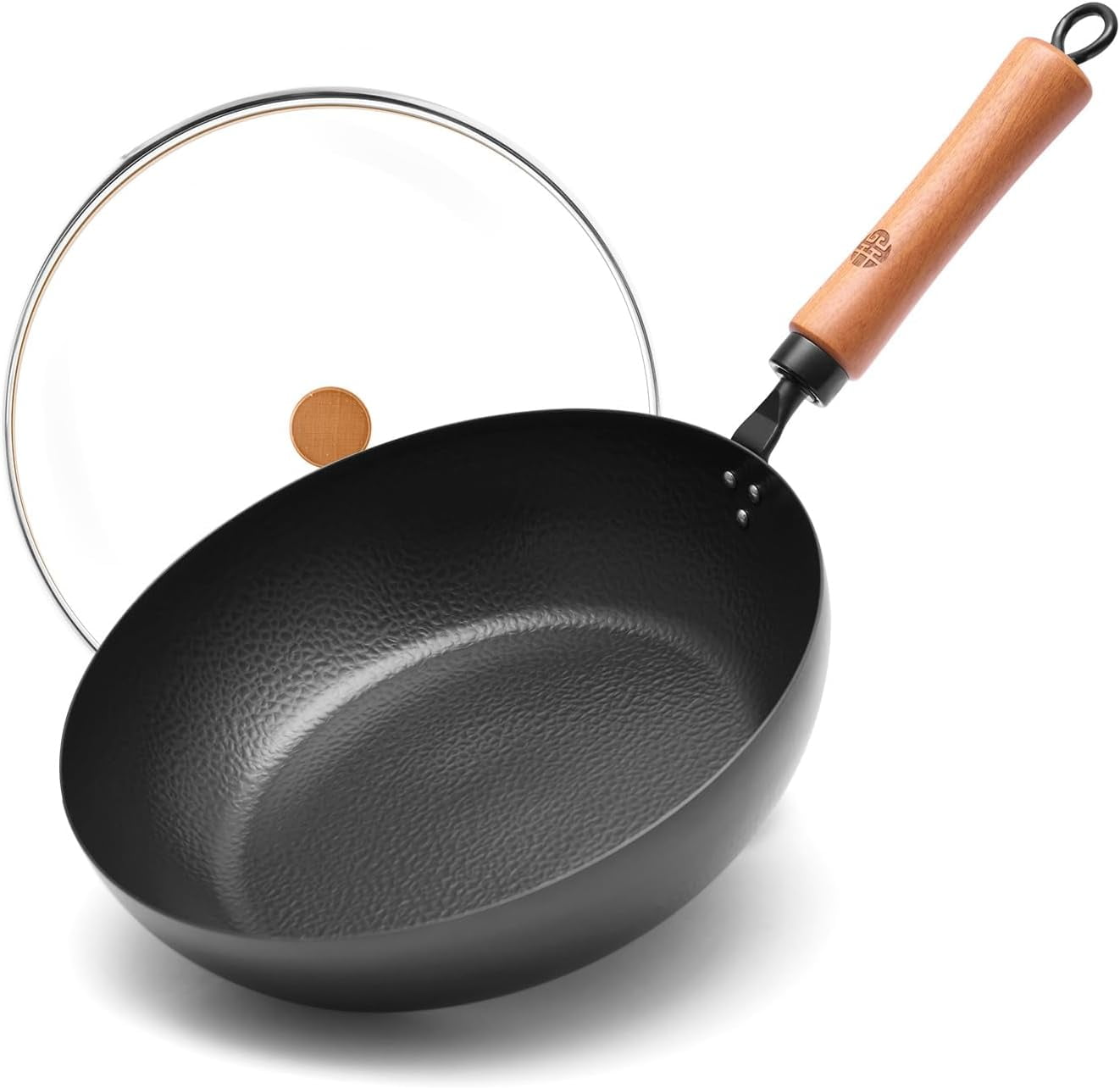 11-Inch Carbon Steel Frying Pan with Beech Wooden Handle & Glass Lid ...
