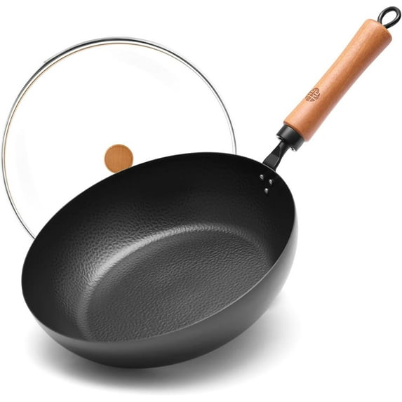 11-Inch Carbon Steel Frying Pan with Beech Wooden Handle & Glass Lid ...