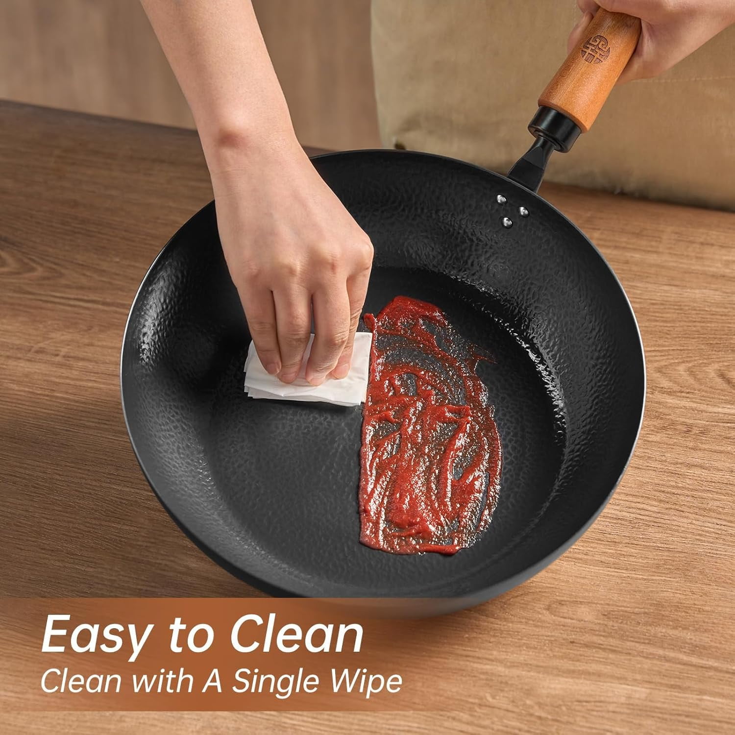 11-Inch Carbon Steel Frying Pan with Beech Wooden Handle & Glass Lid ...