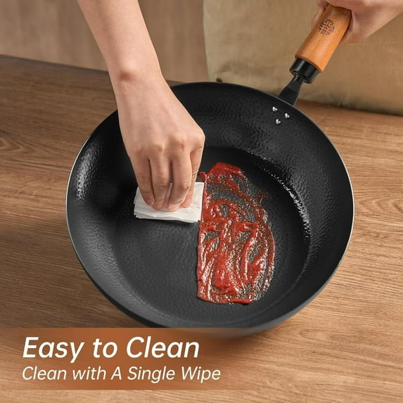 11-Inch Carbon Steel Frying Pan with Beech Wooden Handle & Glass Lid ...