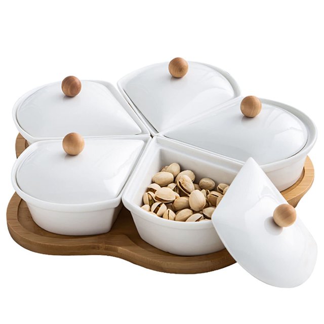 11 Inch Ceramic Divided Serving Dishes with Bamboo Tray and Lids, 5 ...
