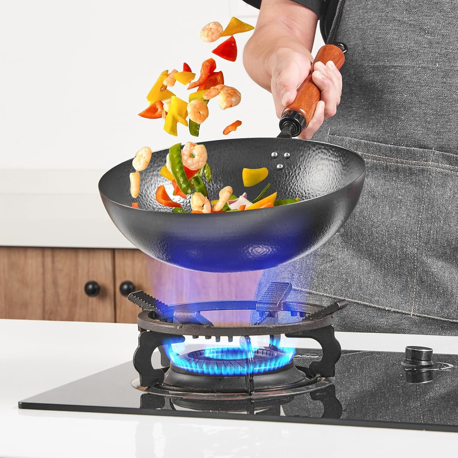 11 Inch Round Bottom Wok, Cold-Forged Iron Wok with Glass Lid, Carbon ...