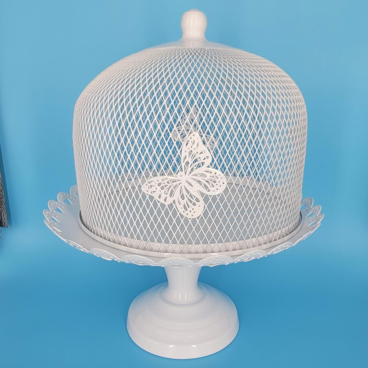 11 Inch Round White Metal Footed Cake Stand With Net Cover, Dessert ...