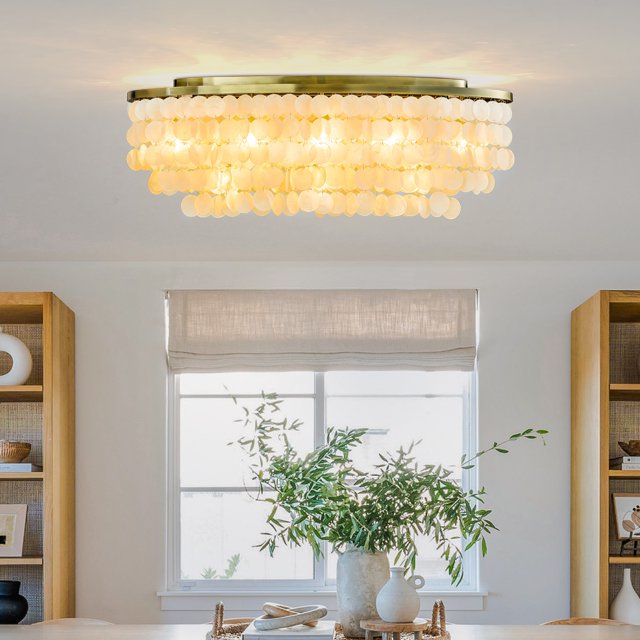 11-Light Farmhouse Coastal Natural Capiz Shell Tiered Flush Mount for ...