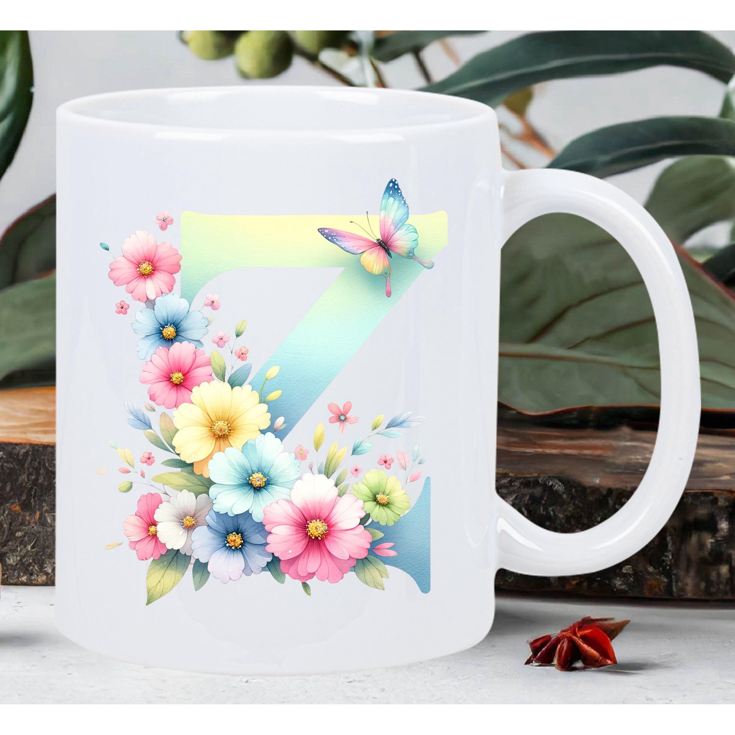 11 Oz Ceramic Letter Flower Cup A- Z with Butterfly Design, Heat ...