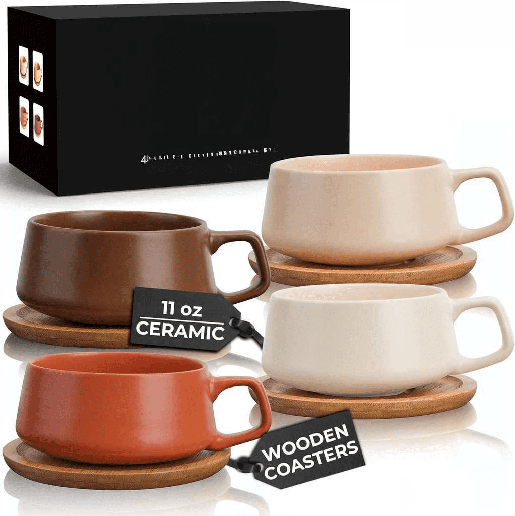 11 Oz Ceramic Tea Cup and Saucer Set of 4 Wide Cappuccino Cup for ...