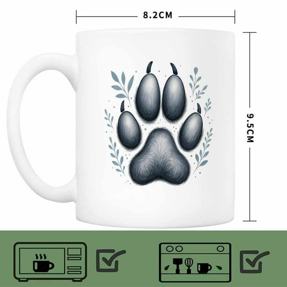 11 Oz White Ceramic Mug With Watercolor Animal Paw Print And Botanical ...