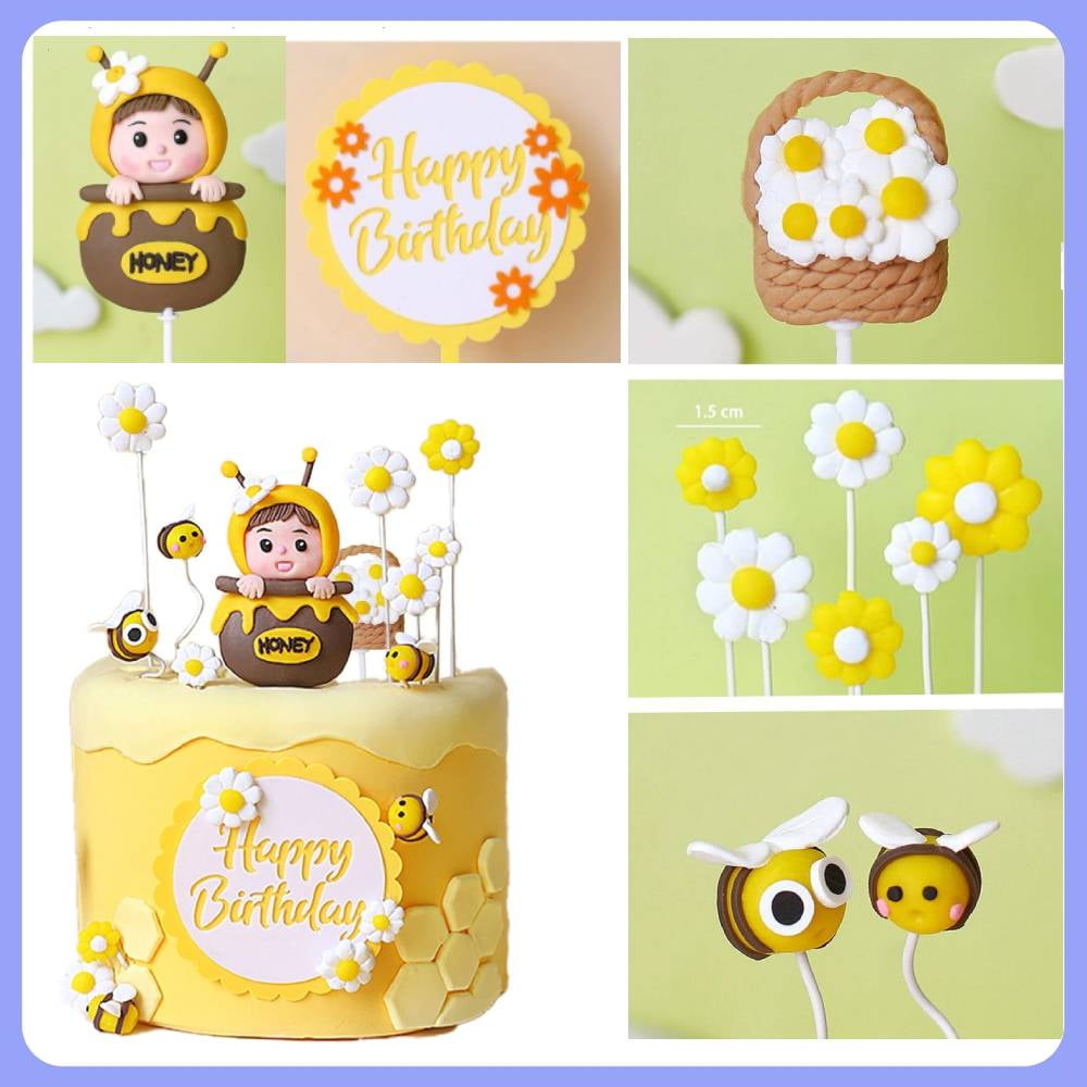 11 PACK Bumble Bee Cake Toppers Honeycomb Flower Oh Babee Cupcake Picks ...