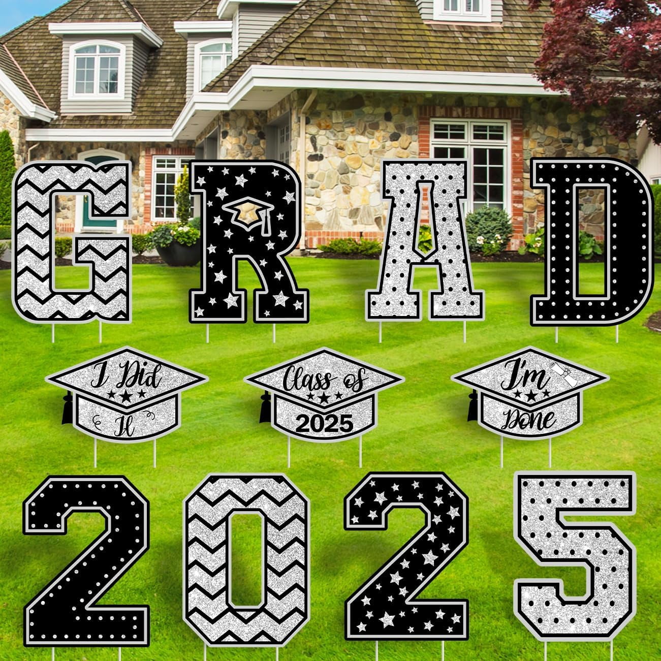 11 PCS Black and Silver Graduation Decoration Class of 2025 Grad Yard ...