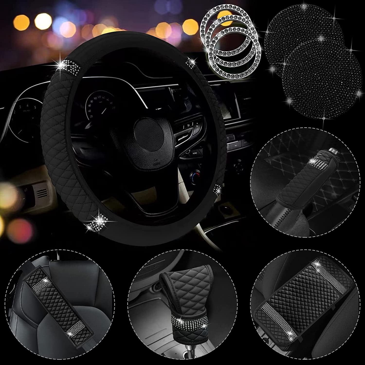 11 PCS Bling Rhinestones Leather Car Accessories Set,Bling Steering ...