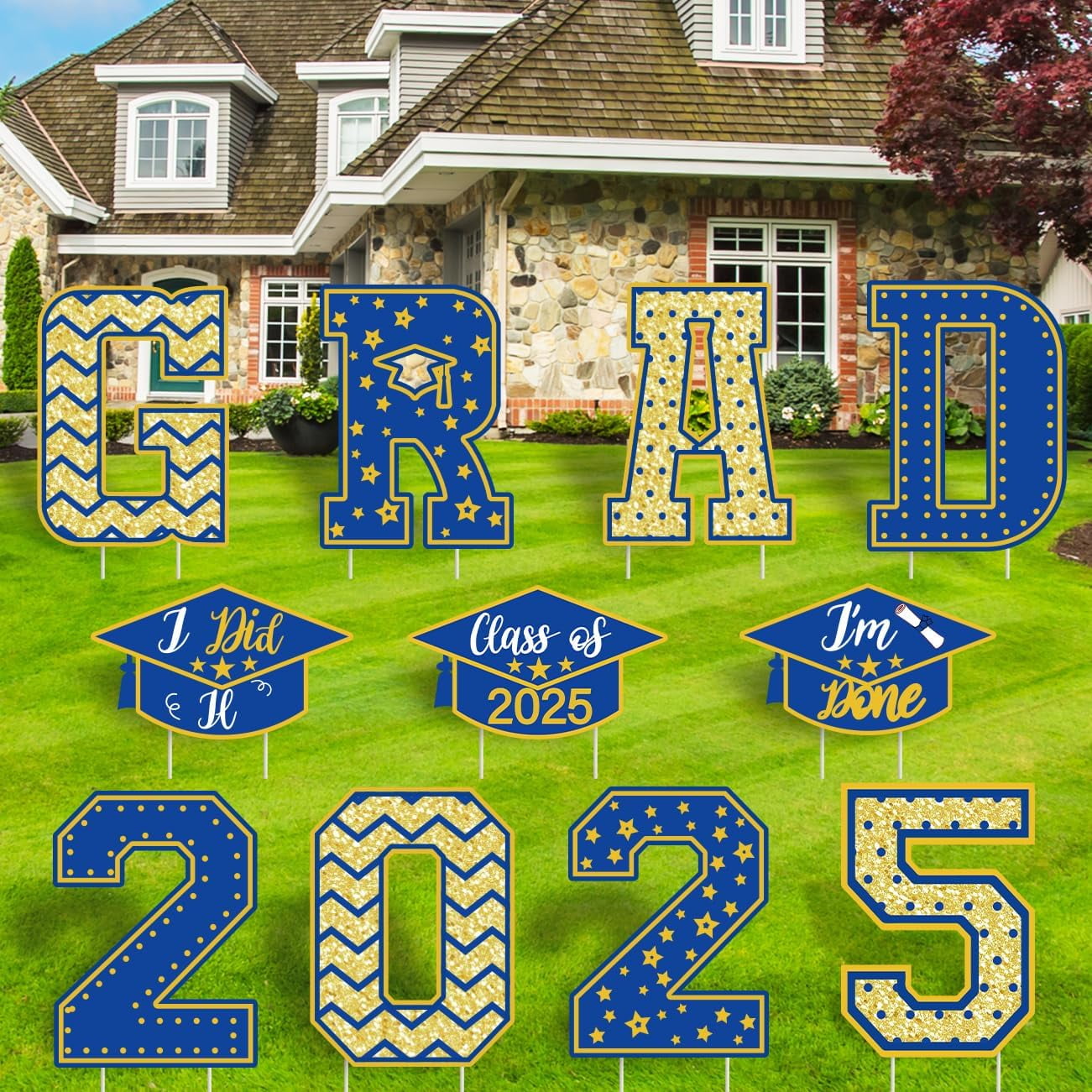 11 PCS Blue and Gold Graduation Decoration Class of 2025 Grad Yard ...