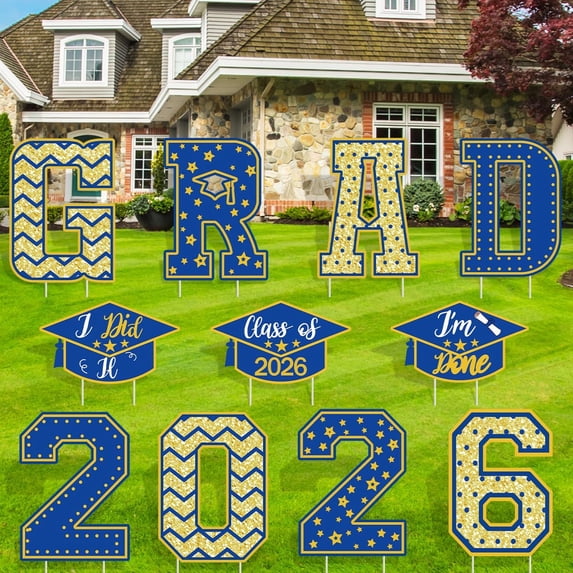 11 PCS Blue and Gold Graduation Decoration Class of 2026 Grad Yard ...