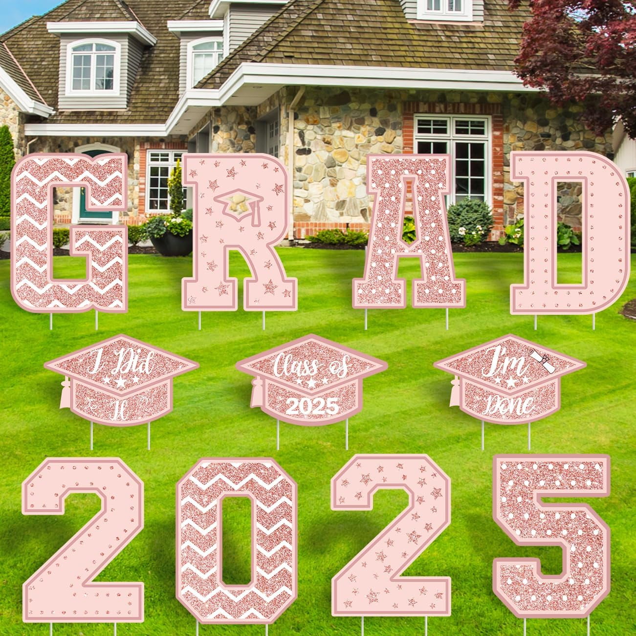 11 PCS Graduation Yard Signs Party Decoration Class of 2025 Pink Grad ...