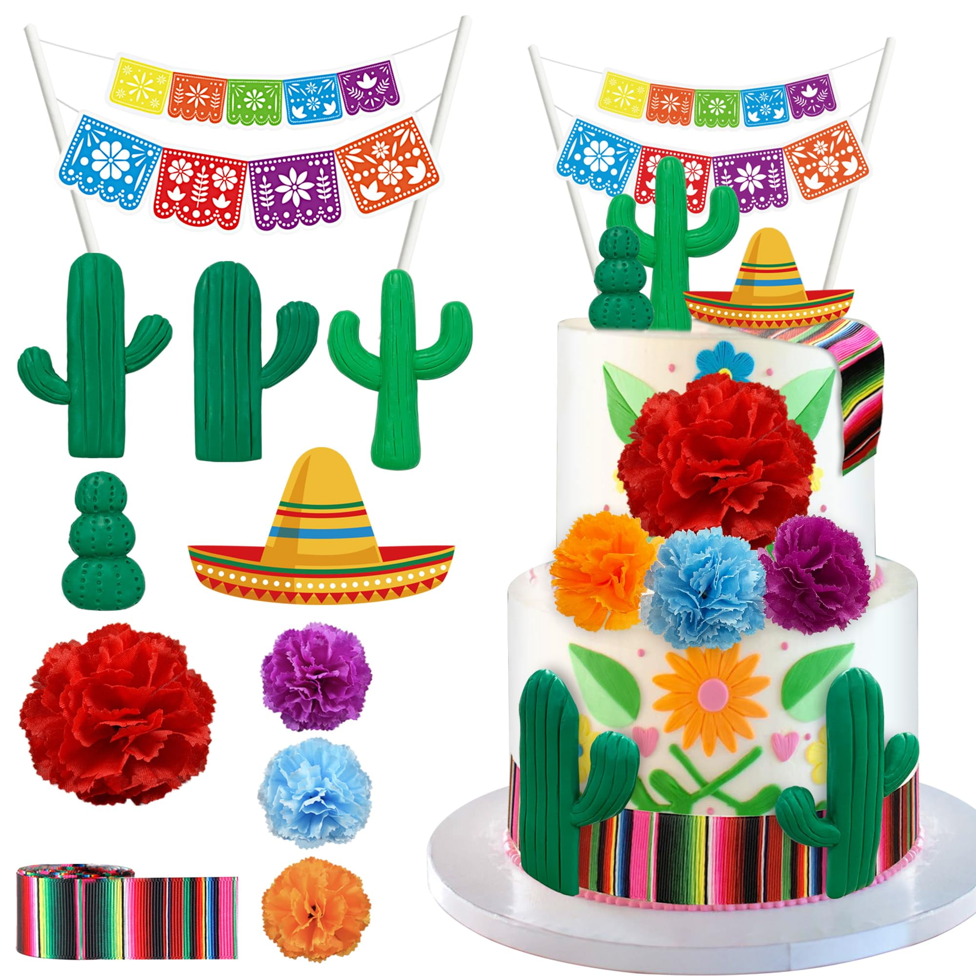 11 PCS Mexican Fiesta OKA4 Cake Topper Mexican Picado Banner Cactus ...