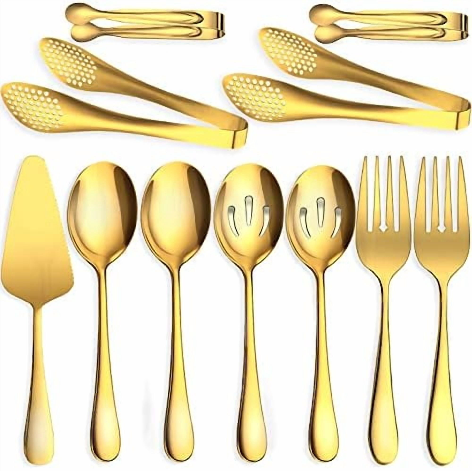11 PCS Serving Utensils, Large Stainless Steel Spoons Forks Tongs, Pie ...
