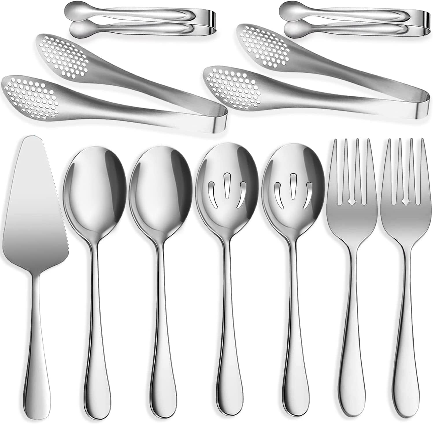 11 PCS Serving Utensils, Large Stainless Steel Spoons Forks Tongs, Pie ...