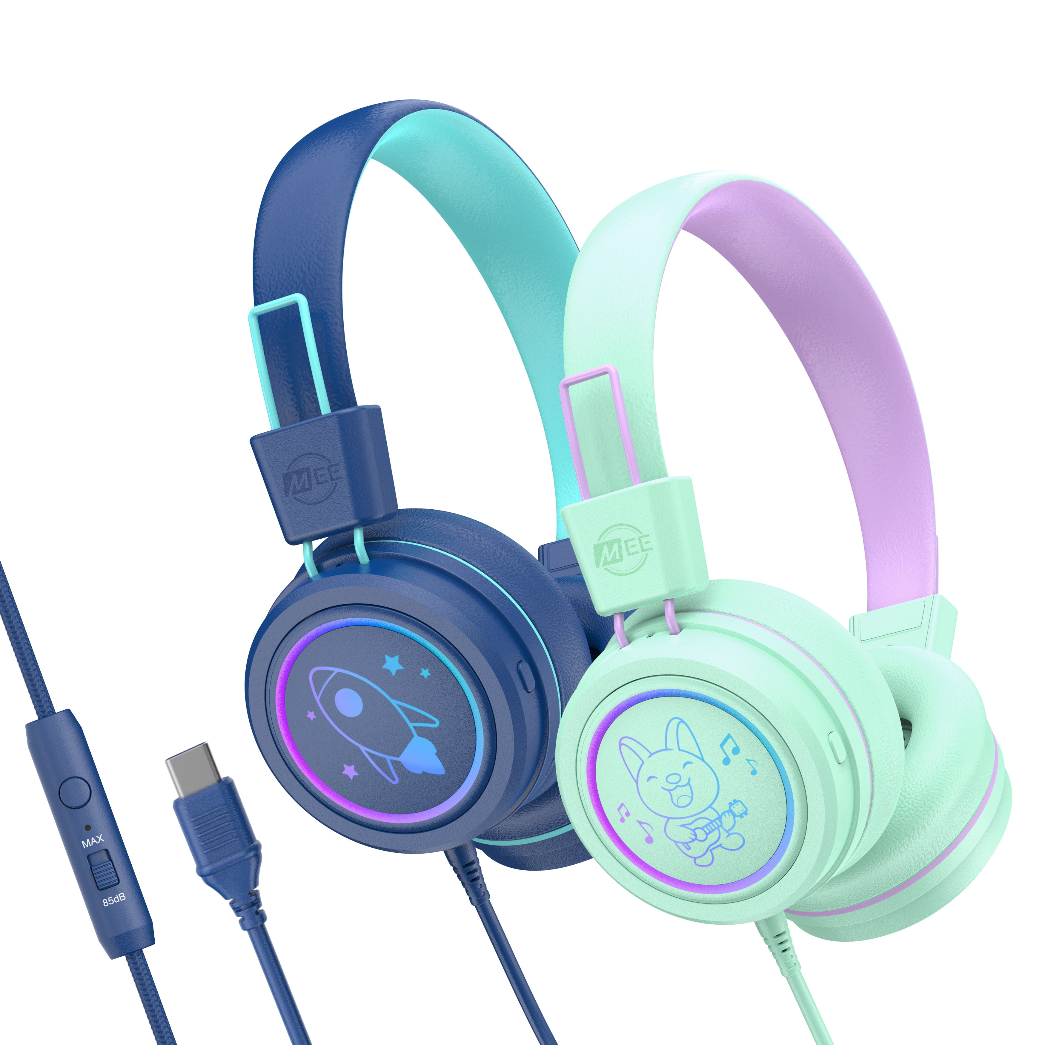 2 Pack Multicolor MEE audio KidJamz KJ55 Safe Listening USB-C Kids Headphones with LED Lights ...