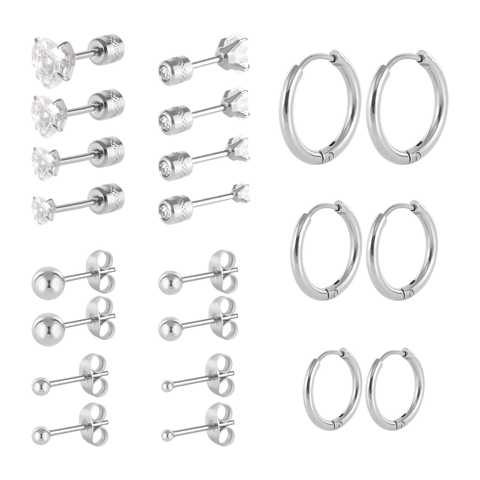 11 Pairs Flat Screw Back Stud Hoop Earrings Sets for Multiple Piercing ...