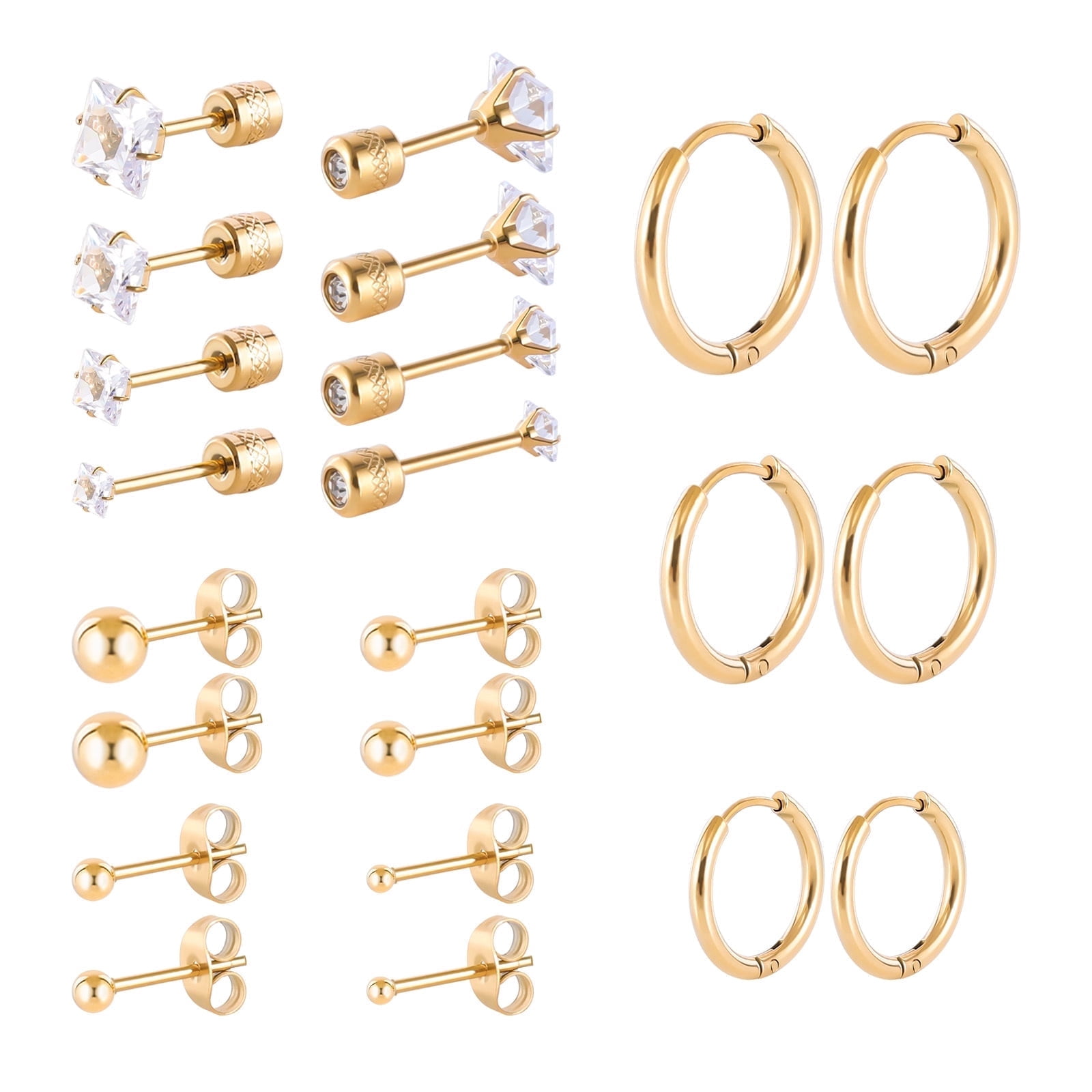 11 Pairs Flat Screw Back Stud Hoop Earrings Sets for Multiple Piercing ...