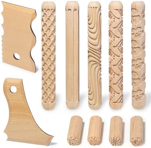11 Pcs Clay Pottery Tools Kit with 5 Clay Texture Rollers,4 Clay Stamps ...