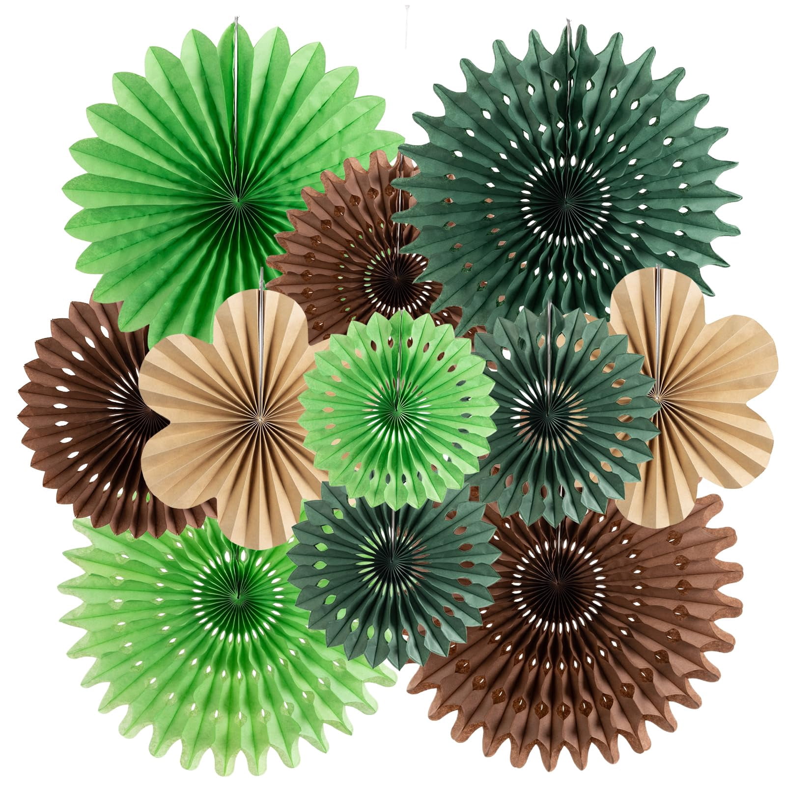 11 Pcs Hanging AJH3 Paper Fans Decoration Green and Brown Paper Flowers ...