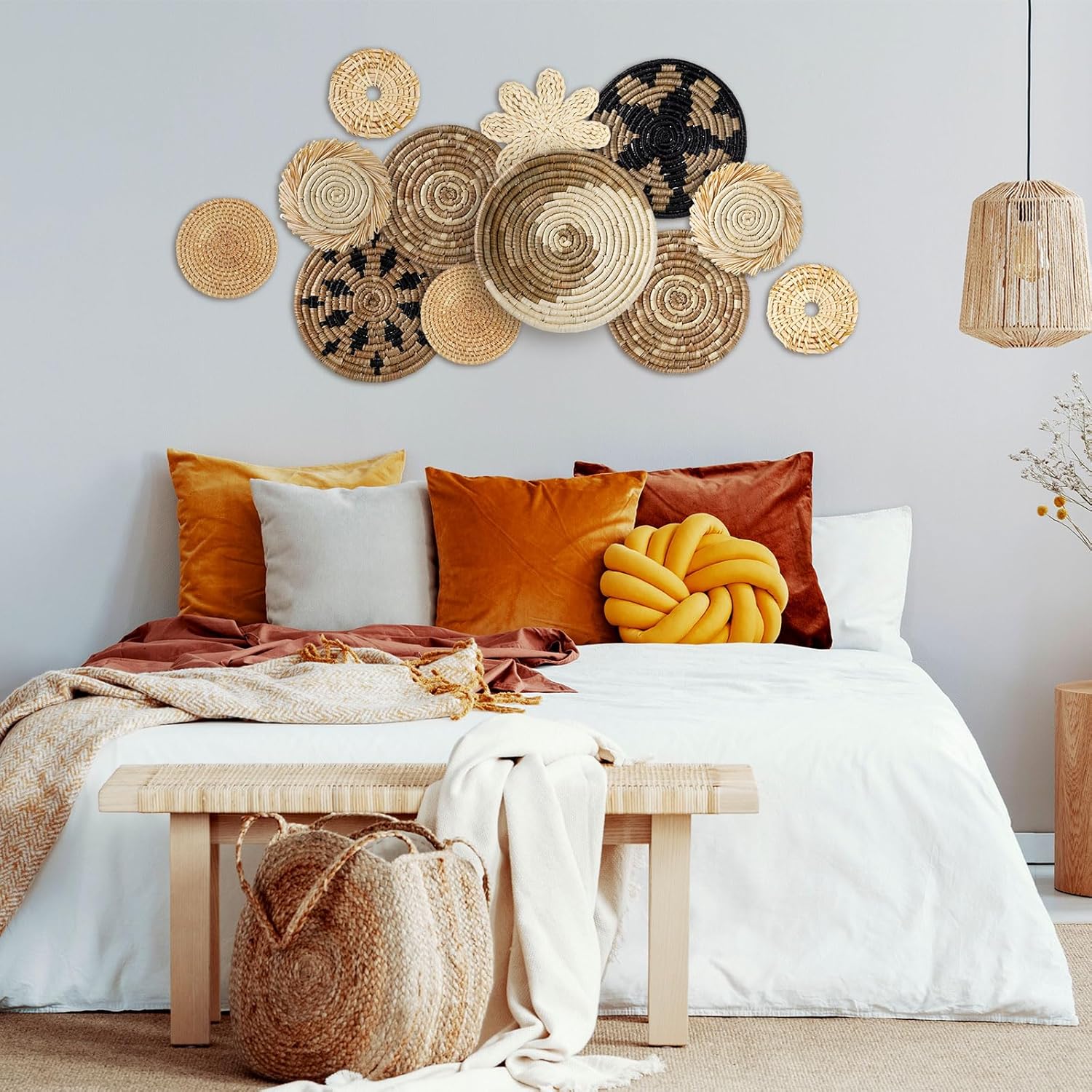 11 Pcs Hanging Wall Basket Decor Handmade Woven Bulrush Placemats Round ...
