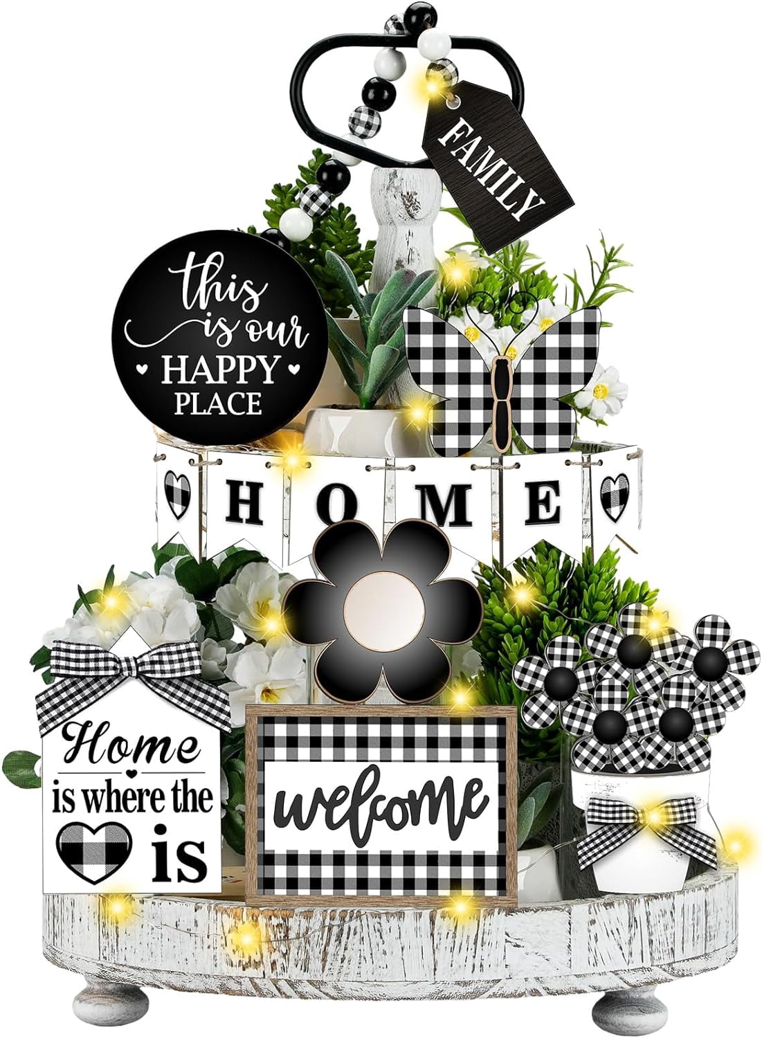 11 Pcs Home Tiered Tray Decor Buffalo Plaid Black White Rustic ...
