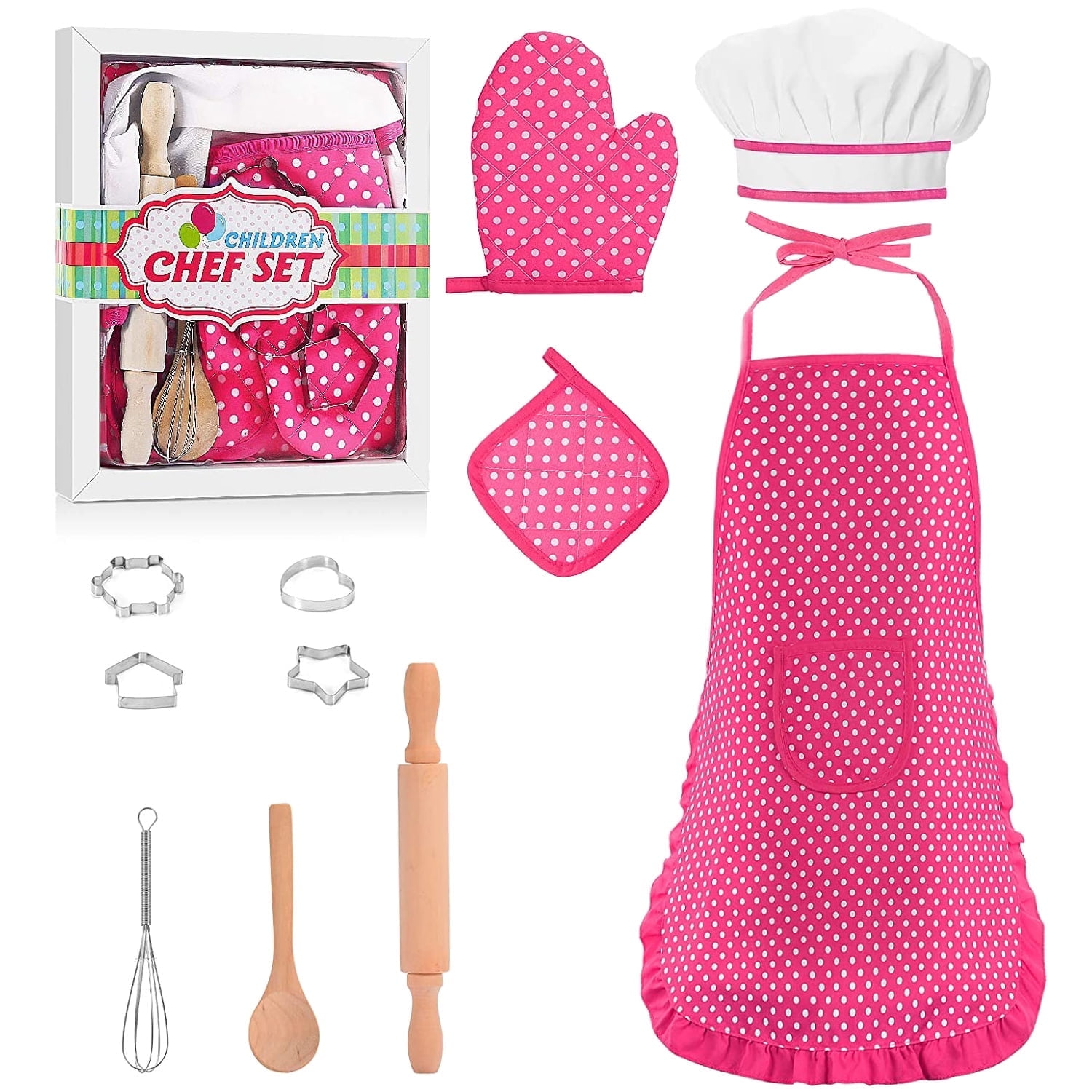 syenll Kids Apron and Cooking Set for Girls Boys 3-8 Years Pink Kitchen ...