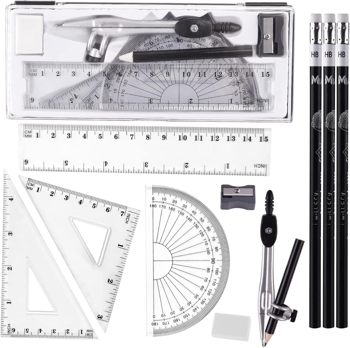 11 Pcs Math Geometry Compass Set Student Maths Protractor Set School ...