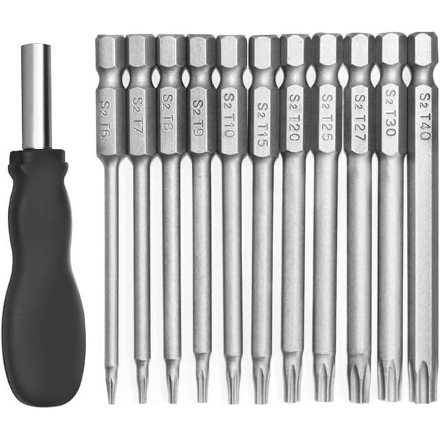 11 Pcs Torx Head Screwdriver Bit Set, 1/4" Hex Shank T5-T40 100mm Length, S2 Steel Magnetic ...