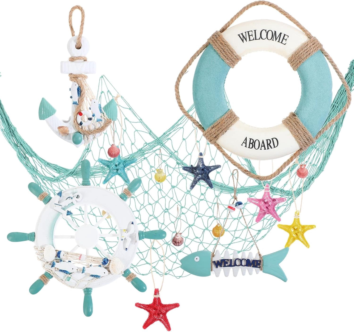 11 Pcs Wooden Nautical Wall Decor Fishing Net Decorations, Include ...