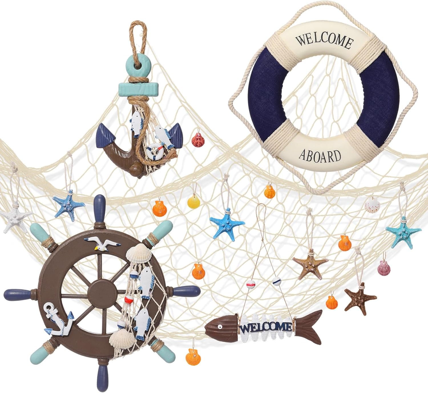 11 Pcs Wooden Nautical Wall Decor Fishing Net , Include Decorative ...