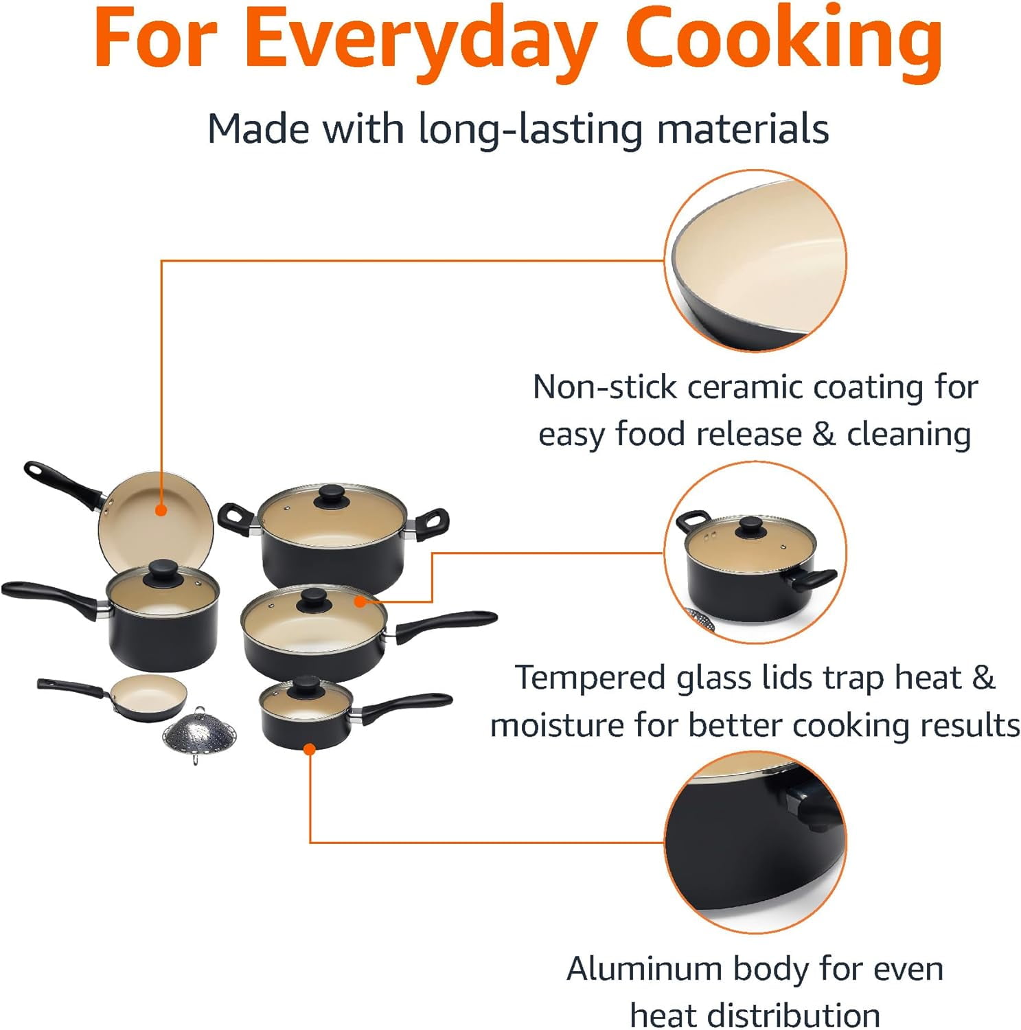 11-Piece Ceramic Non-Stick Cookware Set with Glass Lids, Black ...