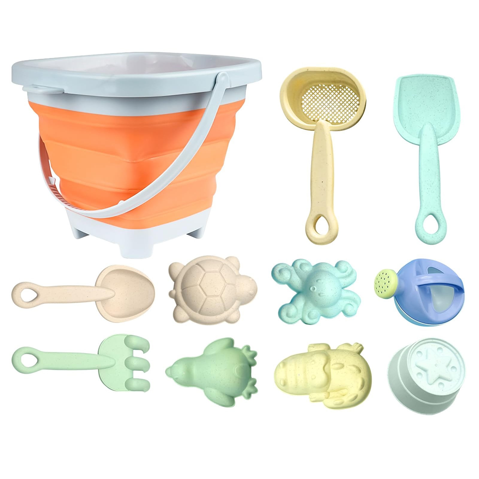 11-Piece Collapsible Sand Toys Bucket Set with Shovel & Rake (Orange ...
