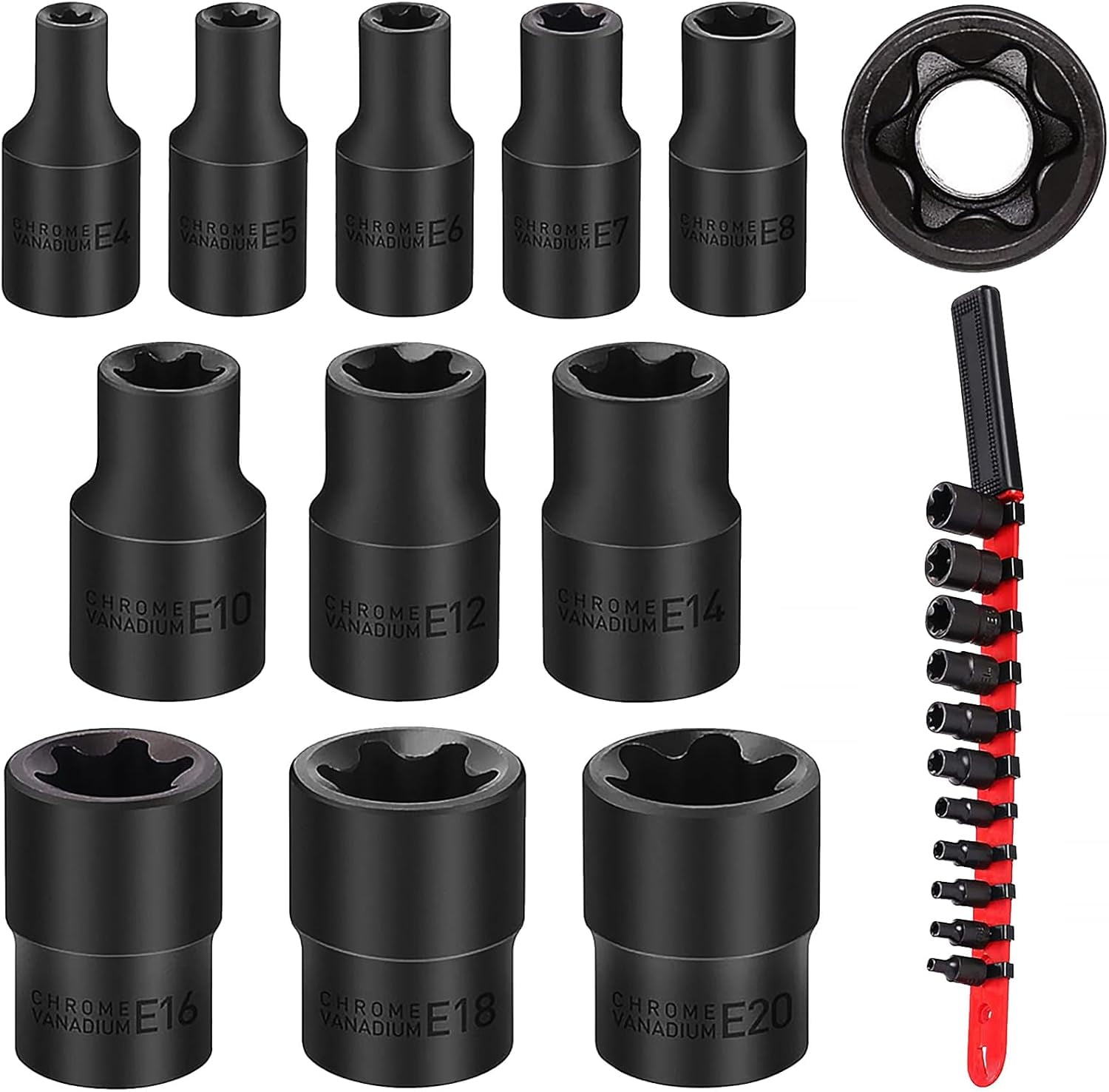 11-Piece E-Torx Socket Set - Star Socket Set with Socket Rail, External ...