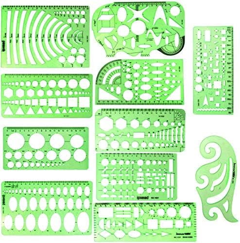 11 Piece Geometric Drawing Template Measuring Ruler, Transparent Green ...